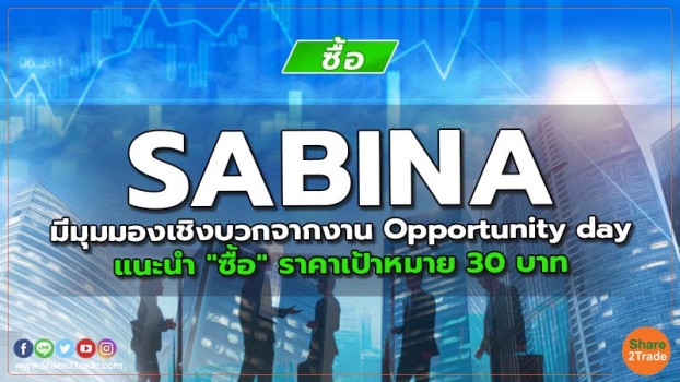 SABINA มีมุมมองเชิงบวกจากงาน Opportunity day แนะนำ "ซื้อ" ราคาเป้าหมาย 30 บาท | Share2Trade